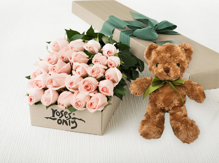 24 Pastel Pink Roses Gift Box & Teddy Bear | Roses Only HK